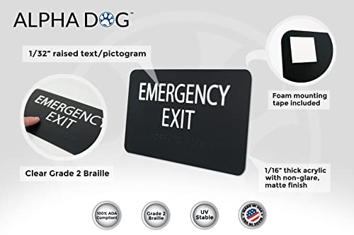 ALPHA DOG Emergency Exit Sign with Braille - ADA Compliant Tactile Emergency Exit Sign with Grade 2 Contracted Braille and Raised Text, 4x8 Inch, UV Stable for Indoor or Outdoor Use, Made in the USA