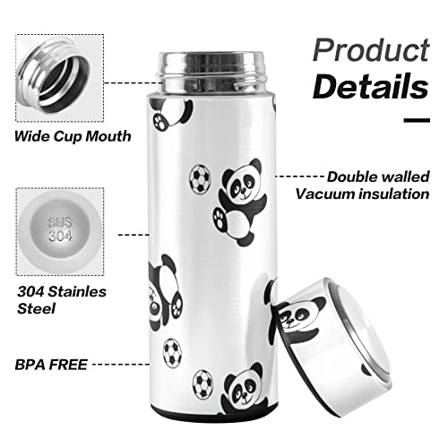 CaTaKu Panda Soccer White Water Bottle Insulated 16 oz Stainless Steel Flask Thermos Bottle for Coffee Water Drink Reusable Wide Mouth Vacuum Travel Mug