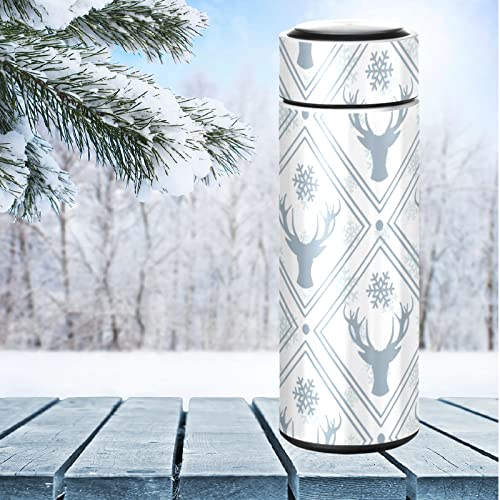 CaTaKu Reindeer Head Snowflake Water Bottle Insulated 16 oz Stainless Steel Flask Thermos Bottle for Coffee Water Drink Reusable Wide Mouth Vacuum Travel Mug