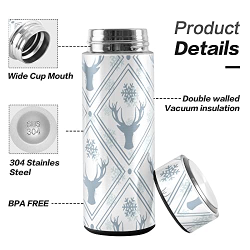 CaTaKu Reindeer Head Snowflake Water Bottle Insulated 16 oz Stainless Steel Flask Thermos Bottle for Coffee Water Drink Reusable Wide Mouth Vacuum Travel Mug