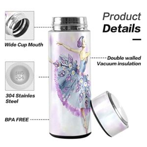 CaTaKu Watercolor Ballet Dancer Water Bottle Insulated 16 oz Stainless Steel Flask Thermos Bottle for Coffee Water Drink Reusable Wide Mouth Vacuum Travel Mug