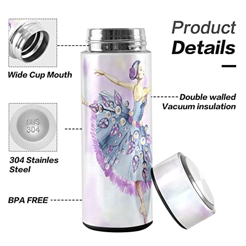 CaTaKu Watercolor Ballet Dancer Water Bottle Insulated 16 oz Stainless Steel Flask Thermos Bottle for Coffee Water Drink Reusable Wide Mouth Vacuum Travel Mug