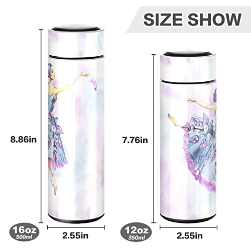 CaTaKu Watercolor Ballet Dancer Water Bottle Insulated 16 oz Stainless Steel Flask Thermos Bottle for Coffee Water Drink Reusable Wide Mouth Vacuum Travel Mug