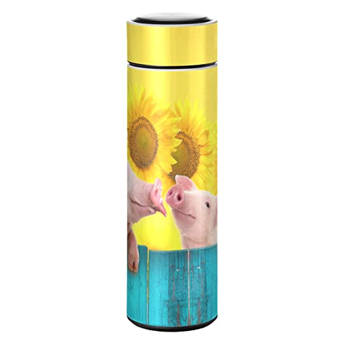 CaTaKu Sunflower Pig Wooden Water Bottle Insulated 16 oz Stainless Steel Flask Thermos Bottle for Coffee Water Drink Reusable Wide Mouth Vacuum Travel Mug