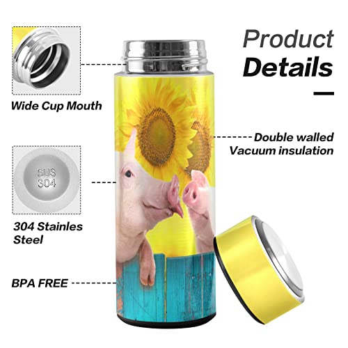 CaTaKu Sunflower Pig Wooden Water Bottle Insulated 16 oz Stainless Steel Flask Thermos Bottle for Coffee Water Drink Reusable Wide Mouth Vacuum Travel Mug