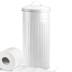 autumn alley white toilet paper reserve holder canister with lid – vertical rustproof free-standing farmhouse metal toilet tissue caddy for 3 mega rolls, rustic behind/beside toilet storage stand