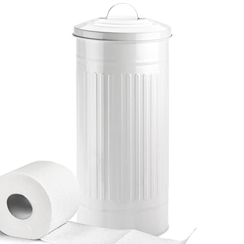 Autumn Alley White Toilet Paper Reserve Holder Canister with Lid – Vertical Rustproof Free-Standing Farmhouse Metal Toilet Tissue Caddy for 3 Mega Rolls, Rustic Behind/Beside Toilet Storage Stand