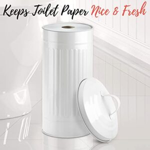 Autumn Alley White Toilet Paper Reserve Holder Canister with Lid – Vertical Rustproof Free-Standing Farmhouse Metal Toilet Tissue Caddy for 3 Mega Rolls, Rustic Behind/Beside Toilet Storage Stand