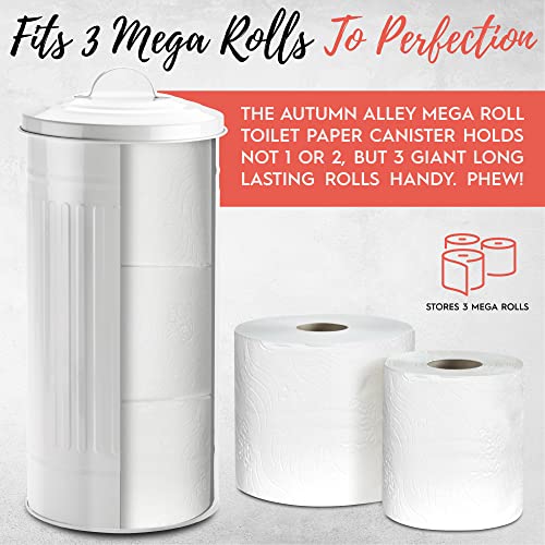 Autumn Alley White Toilet Paper Reserve Holder Canister with Lid – Vertical Rustproof Free-Standing Farmhouse Metal Toilet Tissue Caddy for 3 Mega Rolls, Rustic Behind/Beside Toilet Storage Stand