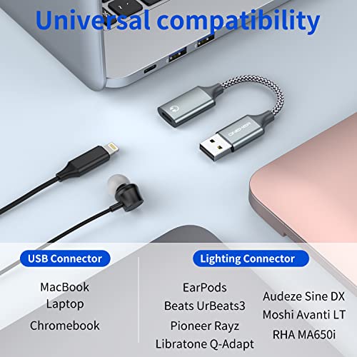 USB A to Lighting Audio Adapter Cable, Nylon Braided USB Male to Lightning Female Dongle Converter Support Volume Control Mic Compatible with MacBook Computer PC Headphone,Earphones, Earbuds, and More