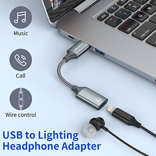 USB A to Lighting Audio Adapter Cable, Nylon Braided USB Male to Lightning Female Dongle Converter Support Volume Control Mic Compatible with MacBook Computer PC Headphone,Earphones, Earbuds, and More