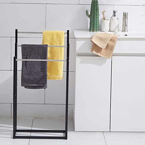 Standing Towel Rack, 3 Tier Black Towel Racks for Bathroom, Stainless Steel Bathroom Towel Holder Rack Stand for Bath Towel, Blanket, Washcloths, Next to Tub or Shower, ALHAKIN