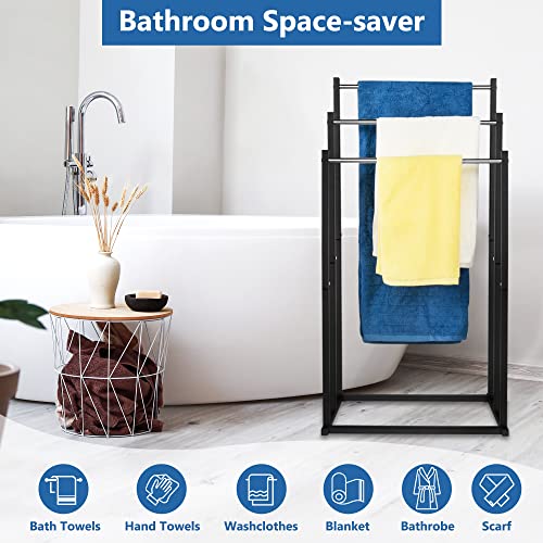 Standing Towel Rack, 3 Tier Black Towel Racks for Bathroom, Stainless Steel Bathroom Towel Holder Rack Stand for Bath Towel, Blanket, Washcloths, Next to Tub or Shower, ALHAKIN