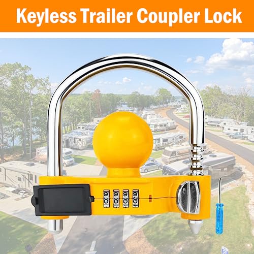 ouyanglong Heavy-Duty Steel U-Shape Combination Trailer Hitch Lock Adjustable Tow Ball Coupler Lock Storage Security Fits 1-7/8”,2”,2-5/16” Universal Coupler for RVs and Various Travel Trailers Yellow