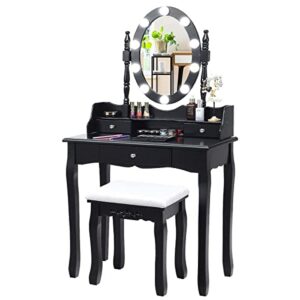 reuniong makeup vanity set with lighted swivel mirror, 2 in 1 dressing vanity table w/removable top, 10 dimmable bulbs, 3 storage drawers, wooden vanity table set, best gift for women girls (black)