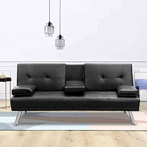 ATY Futon Sofa Bed, Convertible Folding Lounge Couch with 2 Cup Holders, Removable Soft Armrests and Sturdy Metal Legs, Faux Leather Furniture, for Bedroom, Meetingroom, Guestroom, Black