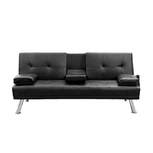 ATY Futon Sofa Bed, Convertible Folding Lounge Couch with 2 Cup Holders, Removable Soft Armrests and Sturdy Metal Legs, Faux Leather Furniture, for Bedroom, Meetingroom, Guestroom, Black