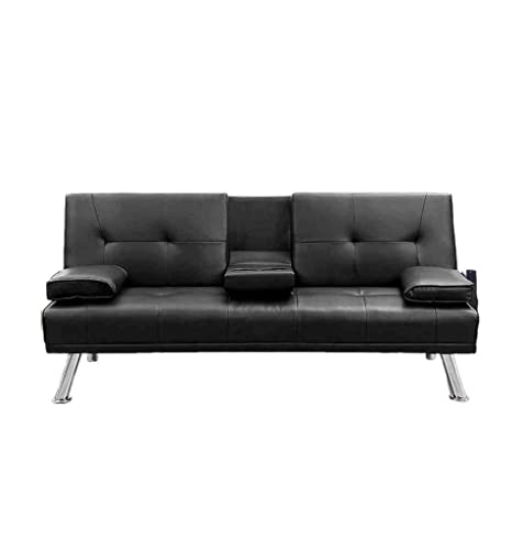 ATY Futon Sofa Bed, Convertible Folding Lounge Couch with 2 Cup Holders, Removable Soft Armrests and Sturdy Metal Legs, Faux Leather Furniture, for Bedroom, Meetingroom, Guestroom, Black