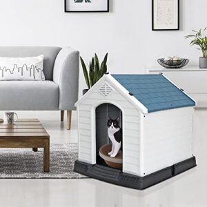 Large Plastic Dog House Indoor Outdoor Doghouse Dog Kennel Easy to Assemble Puppy Shelter w/Air Vents Elevated Floor Waterproof