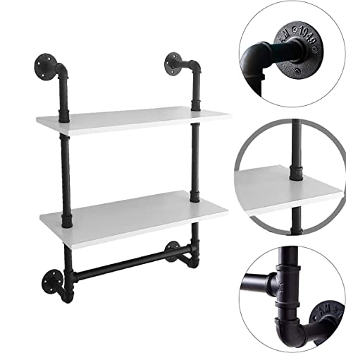 Lengfkus Industrial Pipe Shelving,Iron Pipe Shelves Industrial Bathroom Shelves with Towel bar,24 inch Rustic White Metal Pipe Floating Shelves Pipe Wall Shelf,2 Tier Industrial Shelf Wall Mounted