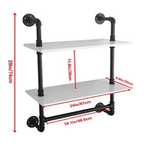 Lengfkus Industrial Pipe Shelving,Iron Pipe Shelves Industrial Bathroom Shelves with Towel bar,24 inch Rustic White Metal Pipe Floating Shelves Pipe Wall Shelf,2 Tier Industrial Shelf Wall Mounted