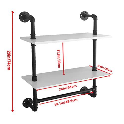 Lengfkus Industrial Pipe Shelving,Iron Pipe Shelves Industrial Bathroom Shelves with Towel bar,24 inch Rustic White Metal Pipe Floating Shelves Pipe Wall Shelf,2 Tier Industrial Shelf Wall Mounted