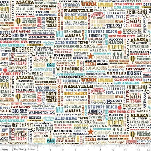 Riley Blake Destinations United States Destinations, Words and Icons, Quilting, Apparel and Home Decor Fabric (36” x 43”) (Cream)