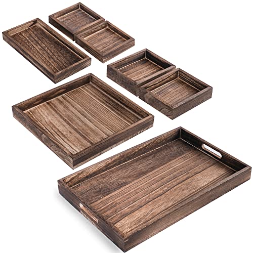 LotFancy Wooden Serving Trays, 7 Piece Set, Rustic Nesting Food Trays with Handles, Decorative Charcuterie Board Platter for Ottoman, Desktop, Coffee Table, Countertop Centerpiece