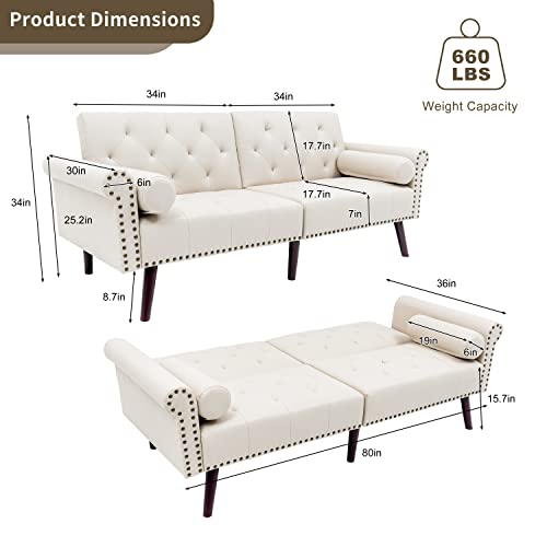 SUN & SUMMER Futon Sofa Bed for Living Room Loveseat Sectional Sofa Convertible Sleeper PU Leather Tufted Couch with 2 Bolster Pillows Beige