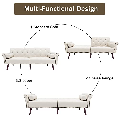 SUN & SUMMER Futon Sofa Bed for Living Room Loveseat Sectional Sofa Convertible Sleeper PU Leather Tufted Couch with 2 Bolster Pillows Beige