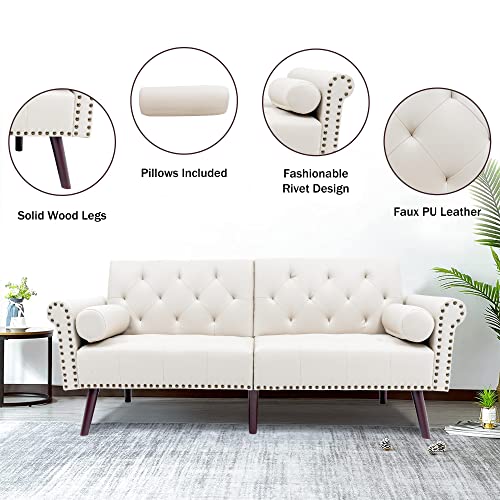 SUN & SUMMER Futon Sofa Bed for Living Room Loveseat Sectional Sofa Convertible Sleeper PU Leather Tufted Couch with 2 Bolster Pillows Beige