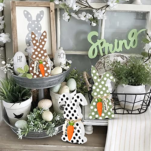 Home Decorations for Home-3 Pcs Spotted Bunny Wooden Sign Decor with Hemp Rope, Rabbit Shape Farmhouse Table Decor for Living Room, Dining Table, Party Desk