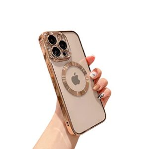 threehundred for iphone 13 pro max case magnetic clear with camera lens protector full protection magsafe electroplated silicone dust-proof net shockproof protective case cover 6.7 inch - gold