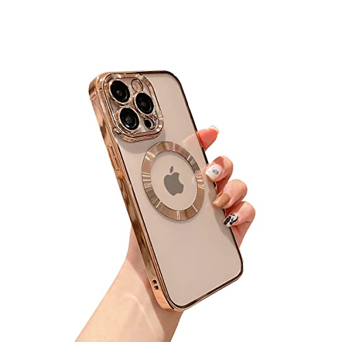 Threehundred for iPhone 13 Pro Max Case Magnetic Clear with Camera Lens Protector Full Protection MagSafe Electroplated Silicone Dust-Proof Net Shockproof Protective Case Cover 6.7 Inch - Gold