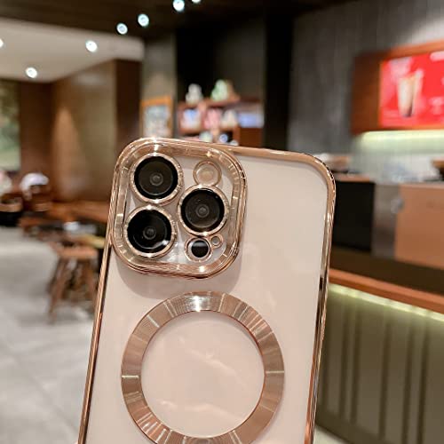 Threehundred for iPhone 13 Pro Max Case Magnetic Clear with Camera Lens Protector Full Protection MagSafe Electroplated Silicone Dust-Proof Net Shockproof Protective Case Cover 6.7 Inch - Gold