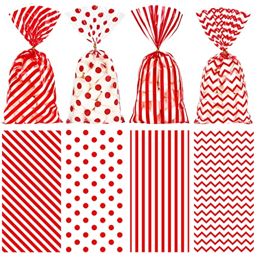 Whaline 160Pcs Christmas Cellophane Treat Bags Red Stripe Wave Dot Clear Cello Candy Bags with 170Pcs Twist Ties Cookie Goody Snack Packing Plastic Gift Bags for Valentine Party Favor Supplies