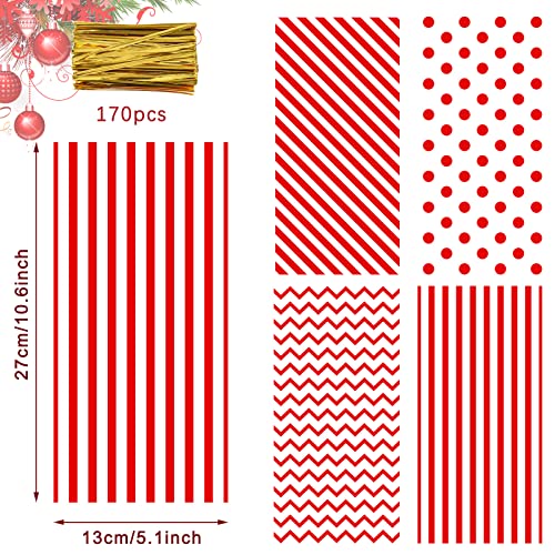 Whaline 160Pcs Christmas Cellophane Treat Bags Red Stripe Wave Dot Clear Cello Candy Bags with 170Pcs Twist Ties Cookie Goody Snack Packing Plastic Gift Bags for Valentine Party Favor Supplies