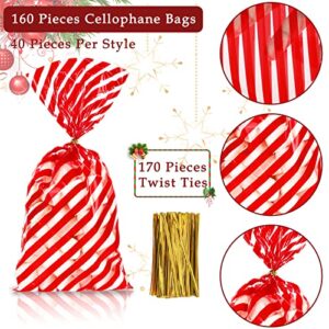 Whaline 160Pcs Christmas Cellophane Treat Bags Red Stripe Wave Dot Clear Cello Candy Bags with 170Pcs Twist Ties Cookie Goody Snack Packing Plastic Gift Bags for Valentine Party Favor Supplies