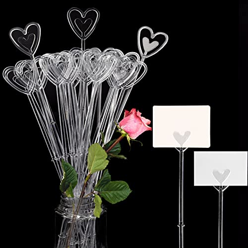 KIMOBER 100PCS Plastic Floral Place Card Holder,9 Inch Transparent Heart Flower Picks Photo Memo Clips Gift Card Holder for Flower Arrangements,Wedding and Birthday Party