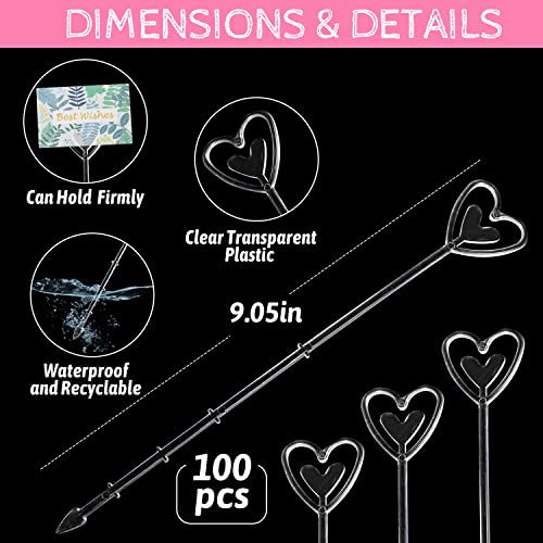 KIMOBER 100PCS Plastic Floral Place Card Holder,9 Inch Transparent Heart Flower Picks Photo Memo Clips Gift Card Holder for Flower Arrangements,Wedding and Birthday Party