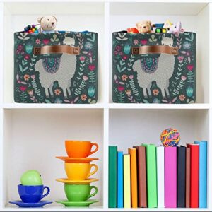 Kigai Collapsible Storage Basket with Handles, Cute Floral Llama Canvas Fabric Storage Bins Toys Clothes Organizer for Bedroom, Nursery, Shelves, Closets (2PACK)