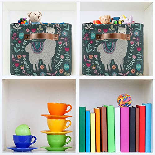 Kigai Collapsible Storage Basket with Handles, Cute Floral Llama Canvas Fabric Storage Bins Toys Clothes Organizer for Bedroom, Nursery, Shelves, Closets (2PACK)