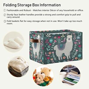 Kigai Collapsible Storage Basket with Handles, Cute Floral Llama Canvas Fabric Storage Bins Toys Clothes Organizer for Bedroom, Nursery, Shelves, Closets (2PACK)