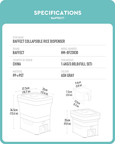 Baffect Rice Dispenser, Collapsible 10 to 25 Lbs Rice Food Storage Containers with Airtight Lid and Measuring Cup, Large Food Dispenser Kitchen Organization for Rice, Beans, Grains, Corn