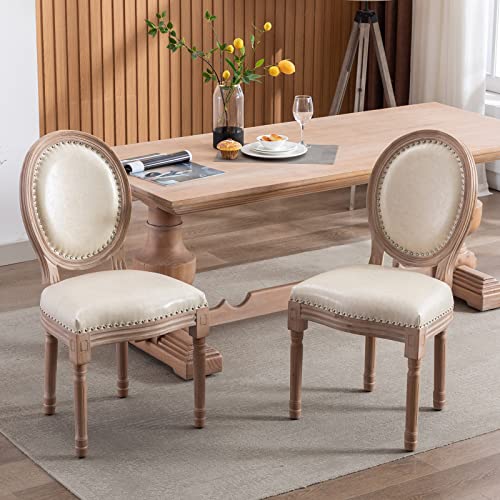 Dining Chairs Set of 2 French Farmhouse Fabric Dining Room Chairs with Round Back Mid Century Upholstered Chair with Solid Rubberwood Leg for Dining Room Bedroom Kitchen Restaurant Beige