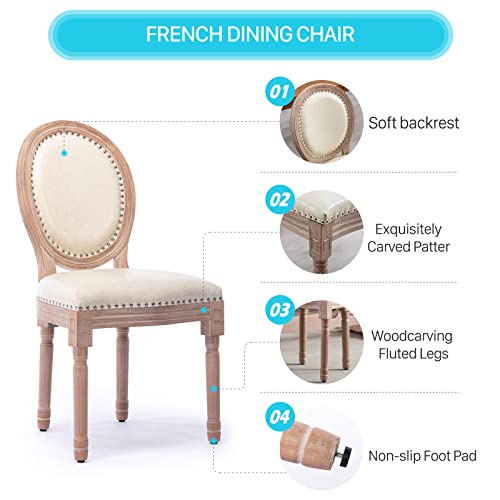 Dining Chairs Set of 2 French Farmhouse Fabric Dining Room Chairs with Round Back Mid Century Upholstered Chair with Solid Rubberwood Leg for Dining Room Bedroom Kitchen Restaurant Beige