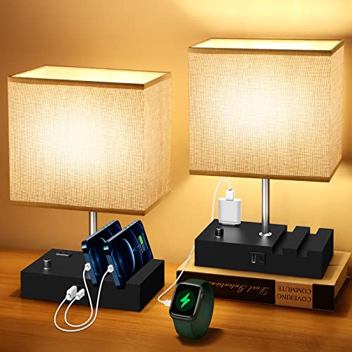 yotutun - Bedside Lamps for Bedrooms Set of 2 Nightstand, Table Lamp with USB C+A Charging Port and AC Outlet, Fully Dimmable Nightstand Lamp for Living Room, Dorm, Home Office (2 Pack)