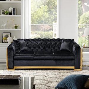 WILLIAMSPACE 81.1" Tufted Velvet Sofa Couch for Living Room, 3 Seater Button Sofa with Stainless Steel Gold Plating Decoration, Comfy Soft Upholstered Couch with 2 Pillows - Black