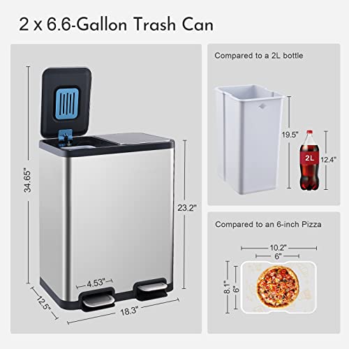 ELPHECO Dual Compartment Recycling Kitchen Step Trash Can 2×6.6 Gallon Stainless Steel Garbage Can for Kitchen with 2 Removable Buckets and Lids