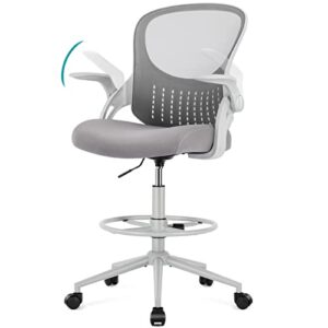 edx drafting chair tall office chair, tall standing desk chair counter height tall adjustable office chair with flip-up arms/wheels, mid back mesh office drafting chairs for standing desk, grey